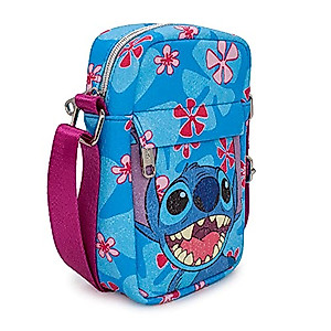 Buckle Down Disney Bag, Cross Body, Lilo, Stitch Smiling Closeup with Flowers, Blues, Vegan Leather, Lilo & Stitch