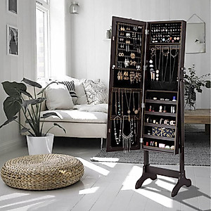 Uten Lockable Jewelry Armoire Large Jewelry Cabinet with Standing Mirror Jewelry Holder Organizer Storage, 4 Angle Adjustable(Brown)