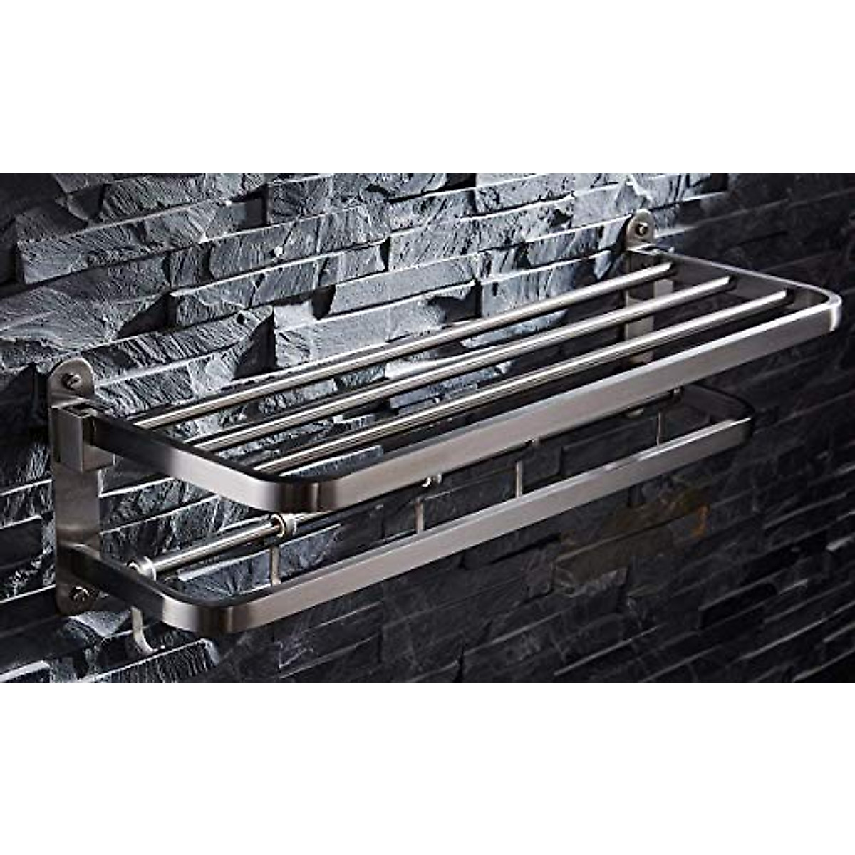 ELLO&ALLO Stainless Steel Towel Racks for Bathroom Shelf Double Towel Bar Holder with Hooks Wall Mounted Multifunctional Foldable Brushed Nickel