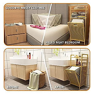 Bamboo Laundry Hamper Basket with Liner Bag Storage - Clothes Hamper with Handles 2-Tier Shelves Space Saving Laundry Room Shelves for Bathroom Living Room Bedroom Decorate