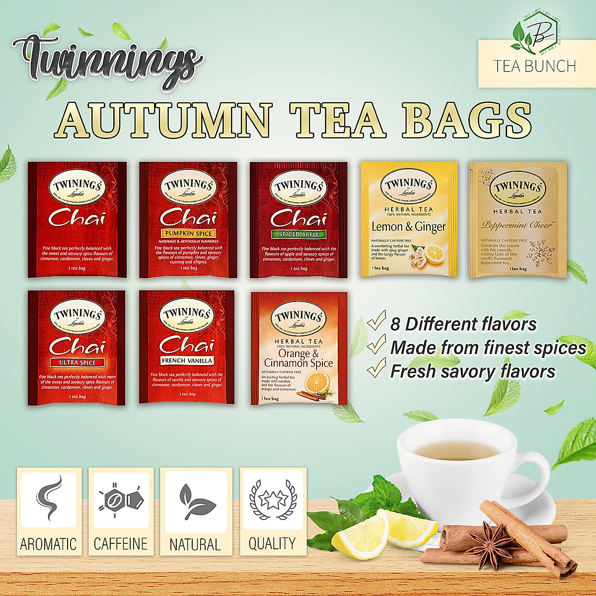 Tea Bunch Tea Variety Tea Bags 40 Tea Bags Individually Wrapped Herbal Tea Bags and Twinnings Black Tea Variety Pack Comes in 8 Types of Teas with 20 Honey Sticks 61.0 Count