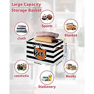 Halloween Storage Basket Waterproof Cube Storage Bin Organizer with Handles, Orange Pumpkin Bat Black White Striped Collapsible Storage Cubes Bins for Clothes Books Toys 15"x11"x9.5"