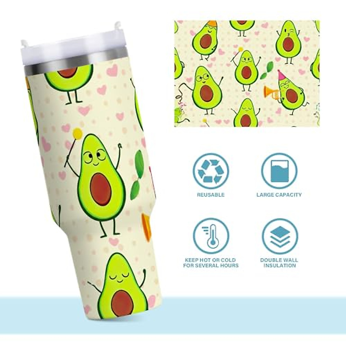 Cute Avocado Beige Insulated Stainless Steel Tumblers with Handle and Straw Lid for Water, Tumbler Insulated 30 OZ / 0.89 L