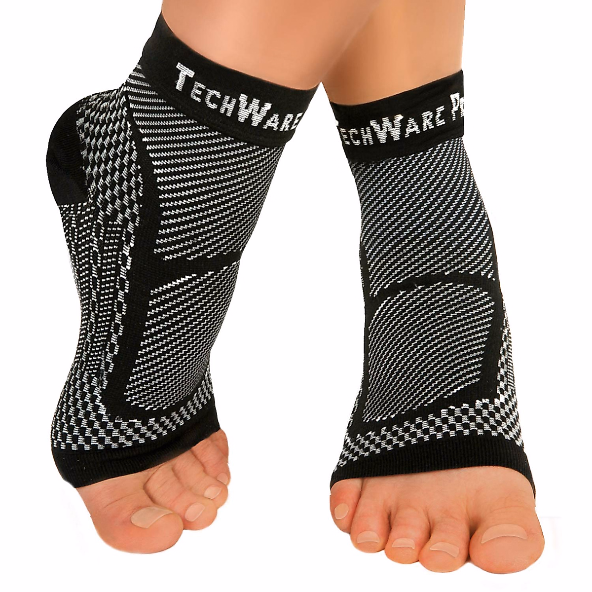 TechWare Pro Ankle Brace Compression Sleeve - Relieves Achilles Tendonitis, Joint Pain. Plantar Fasciitis Foot Sock with Arch Support Reduces Swelling & Heel Spur Pain. (Black/Gray L/XL)