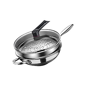 Fenteer Stainless Steel Wok Pan Cooking Pot with Glass Lid and Steamer Large Cookware Round Bottom for Kitchen All Cooktops Induction, 36cm