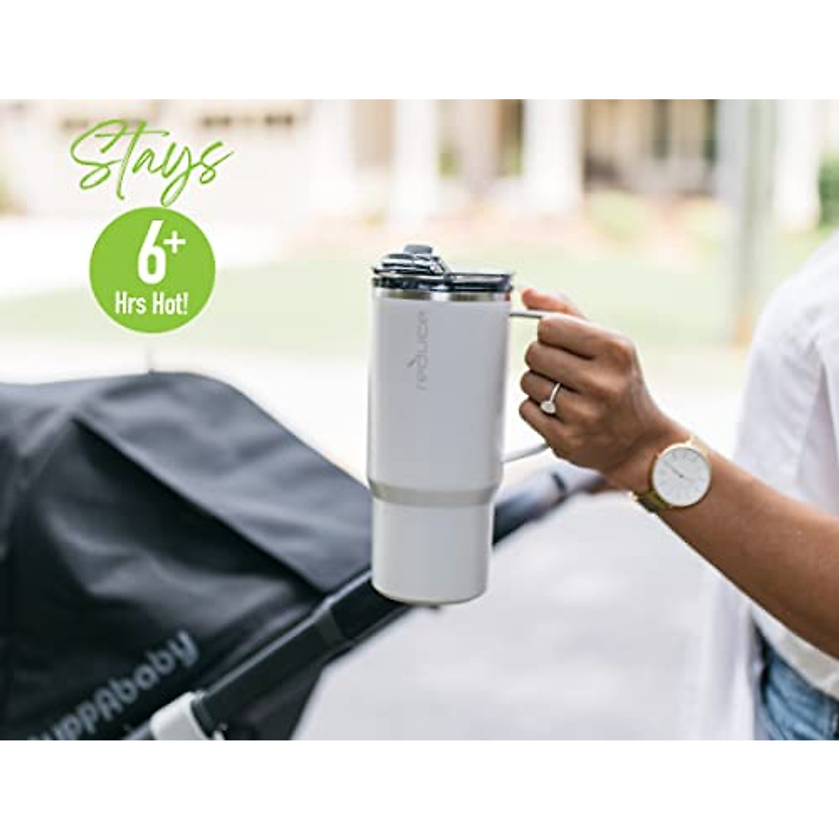 REDUCE Travel Coffee Mug, 24 oz - Insulated Mug for Tea, Coffee and Other Hot Drinks - With Flo-Motion Lid and Handle - Single-Serve and Cupholder Friendly - Linen