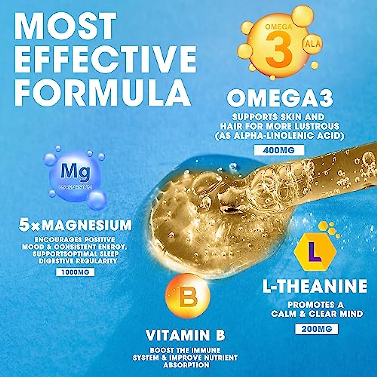 Magnesium Glycinate Liquid Drop with Citrate, Oxide and Taurate, Calm Magnesium with Omega3, L-Theanine, D3, B6, B12 for Calm, Sleep, Leg Cramps, Muscles, Energy, Sugar-Free Strawberry Flavor, 2 Fl Oz