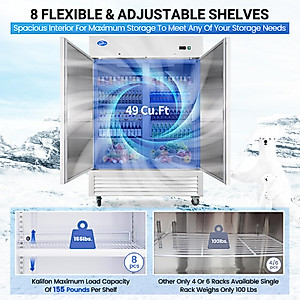 kalifon 54" Commercial Refrigerator with 2 Solid Door, 49 Cu.ft Reach-in Stainless Steel Freezer, Fan Cooling Freezer for Restaurant, Bar, Home, Shop, and Business(Equip 8 Shelves)