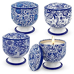 Christmas Scented Candles Gift Set for Home Women Soy Wax Freesia, Vanilla, Rosemarry&Lavender, Cedar&Amber&Musk Aromatherapy Candles in Blue and White Tins, Set of 4