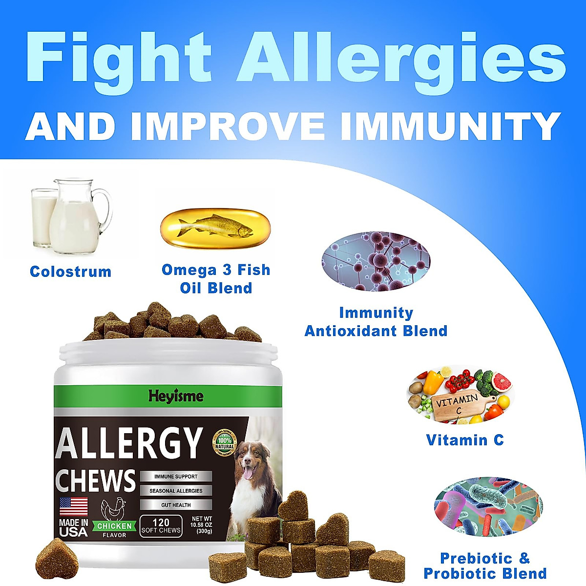 HEYISME Dog Allergy Relief Chews, Itch Relief and Probiotics for Dogs, Fish Oil Omega 3, Seasonal Allergies, Itchy Skin Relief, Anti Itch Treats, Immune Health Supplement (Chicken, 120 Chews)