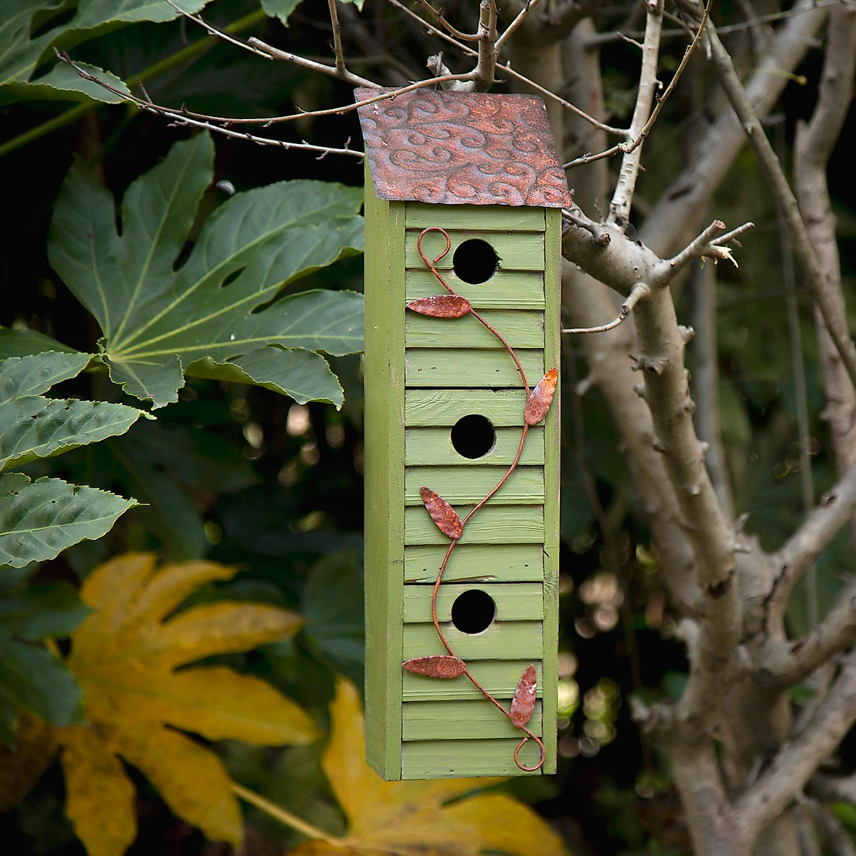 Glitzhome JK97321 3-Tier Hanging Bird House Wooden Window Shutters Birdhouse 18 Inch Tall, Green