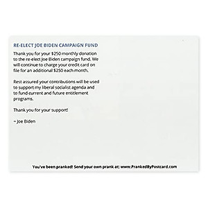 Crazy Novelty Guy (10-Pack) Bulk Prank Postcards - Joe Biden Re-Election Campaign Donation - Pranks Practical Jokes Gags Revenge Hate Mail - Send Them To Your Victims Yourself