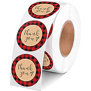 Clabby 800 Pieces Christmas Thank You 1.5 Round Kraft Buffalo Stickers Plaid Holiday Thank You Red and Black Thank You Tags for Party Christmas Sealing Wedding Gift Cards Stickers
