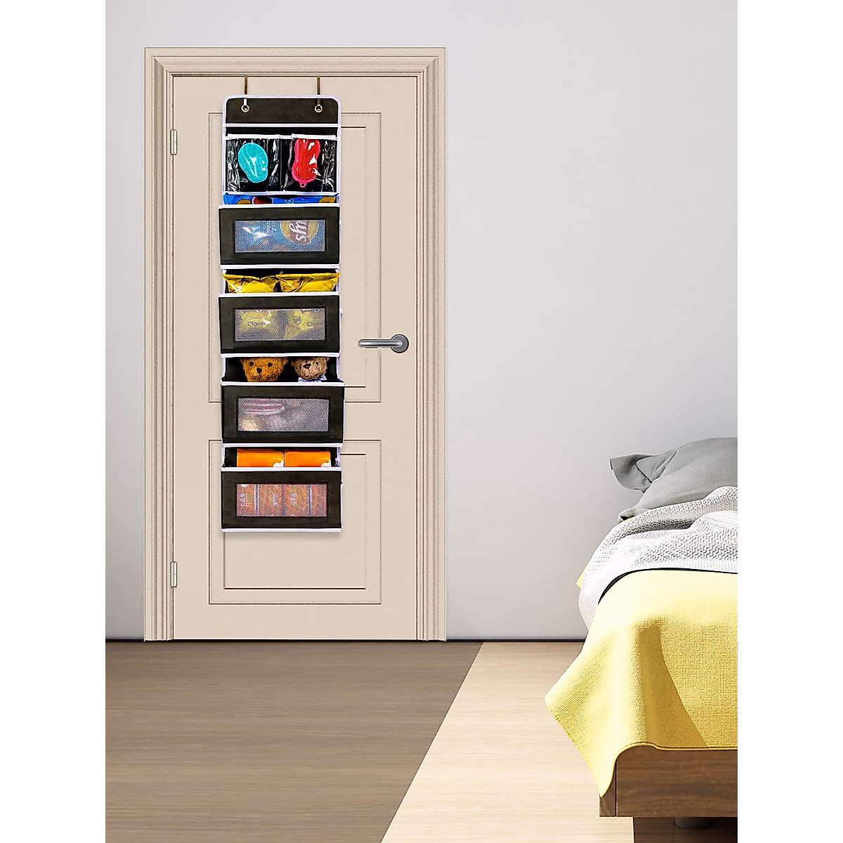 JARLINK 2 Pack Over The Door Hanging Organizer with 4 Large Pockets, Back of Door Storage for Baby Nursery Bathroom Bedroom Kitchen Dorm Closet Pantry Camper RV (Black)