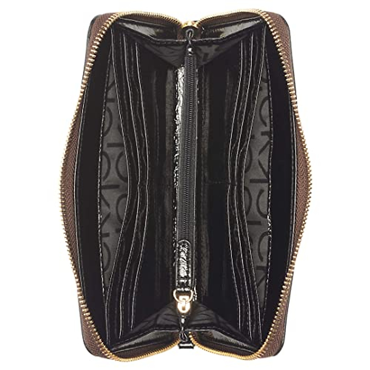 Calvin Klein Key Item Saffiano Continental Zip Around Wallet with Wristlet Strap, Brown/Khaki/Black Logo