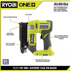 RYOBI ONE+ 18V Cordless Airstrike 23-Gauge Pin Nailer (Tool Only)