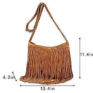 Goclothod Women Hippie Fringe Tassel Suede Hobo Shoulder Bag Vintage Messenger Crossbody Handbag Camel