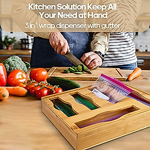 Seebroad Bamboo Wrap Dispenser with Cutter and Ziplock Bag Organizer for Kitchen Drawer, 7 Slots, Compatible with Variety Size Bags (2 Boxes)