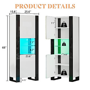 AMERLIFE Modern Set of 2 Bookcase, LED 68in Storage Cabinet with 6 Tiers for Storage & 3 Adjustable Shelves, High Glossy Display Case for Living Room, Home Office, Study Room, White