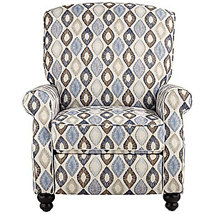 Elm Lane Blue Diamond Recliner Chair Modern Armchair Comfortable Push Manual Reclining Footrest Upholstered for Bedroom Living Room Reading Home Relax Office Napping