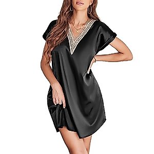 Ekouaer Women Satin Nightgown Short Sleeves Sleepwear Silk Chemise Sexy Lace Neck Pajamas Dres Black Large