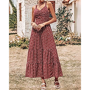 BTFBM Women Sleeveless V Neck Summer Maxi Dresses 2023 Print Backless Strap Tie Back Beach Party Pleated Long Boho Dress(Floral Wine Red, Large)