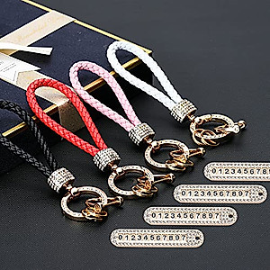MUGVOLAX Anti-Lost car Keychains, Key fob Chains with Phone Number Plate, Leather Woven key chains, Accessories With Bling Rhinestones (White)