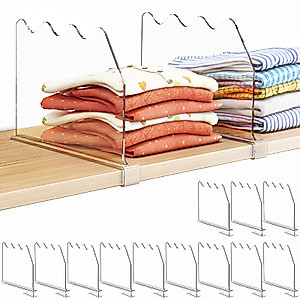 SPACEKEEPER Shelf Dividers for Closet Organization, Clear Closet Shelf Divider for Clothes Purses Separators, Wood Shelves Organizer for Bedroom, Kitchen, Office, Cabinets, Bathroom, 12 Pack