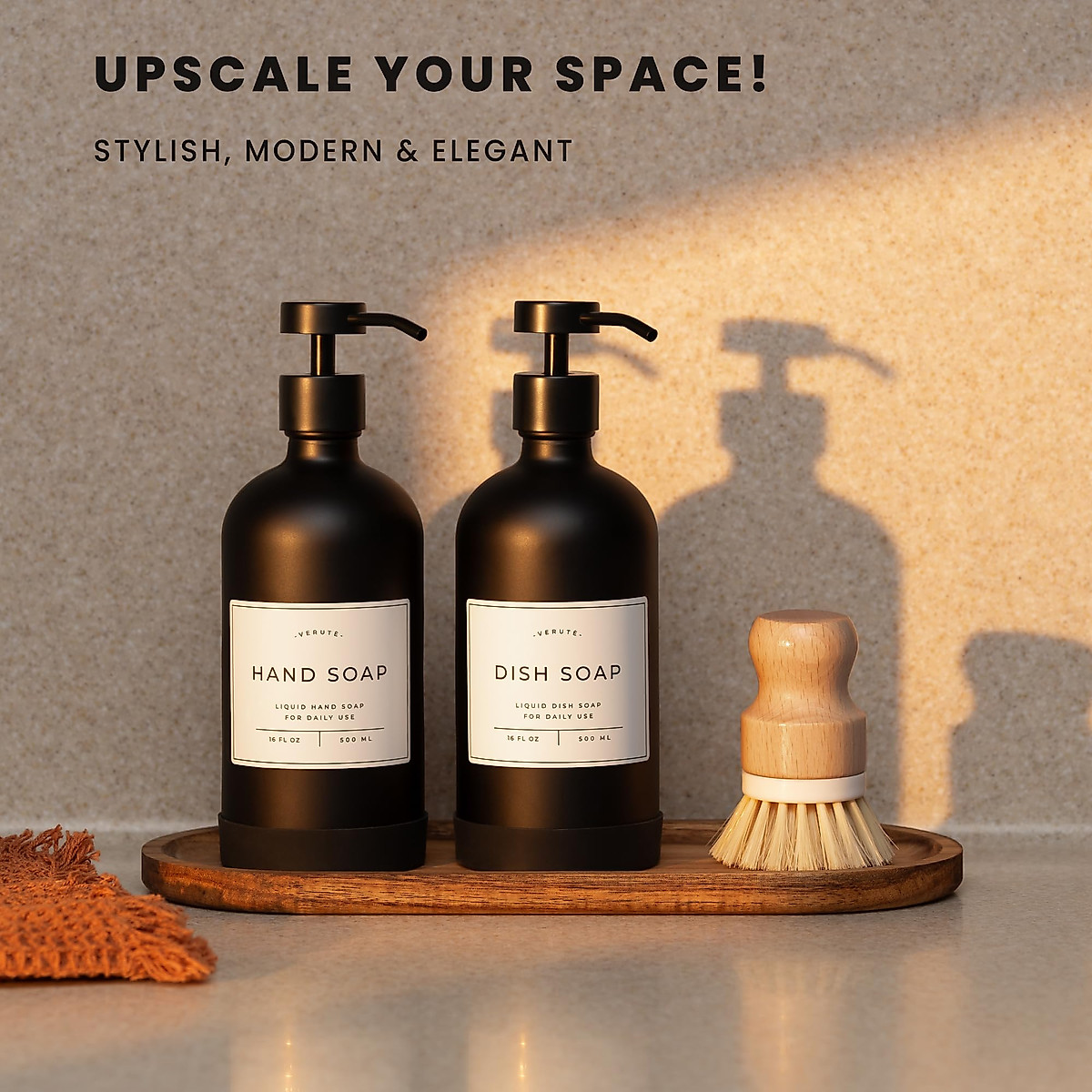 Verute 16oz Glass Soap Dispenser with Stainless Steel Pump, 21 Waterproof Labels, Non-Slip Protective Silicone Pad, Set of 2 for Bathroom & Kitchen (Matte Black Bottle/Black Pump)