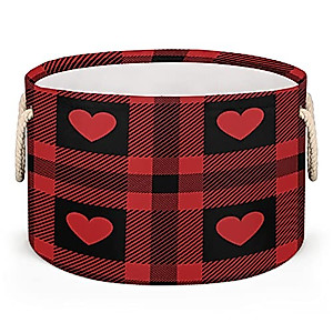 Red Check Plaid Valentine's Day Large Round Baskets for Storage Laundry Baskets with Handles Blanket Storage Basket for Bathroom Shelves Bins for Organizing Nursery Hamper Girl Boy