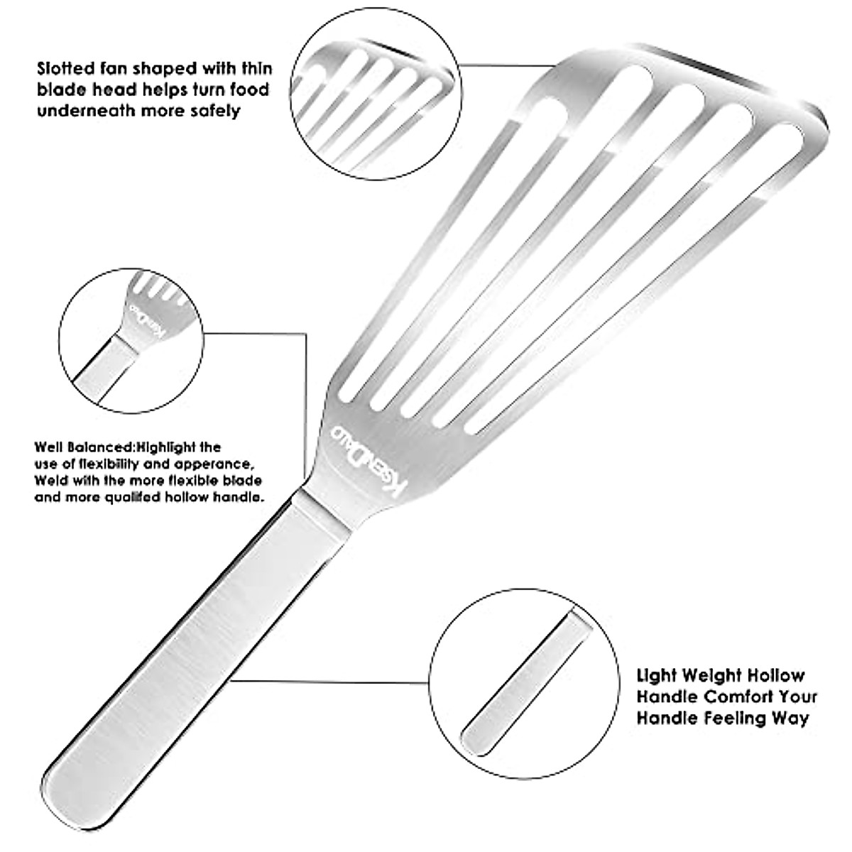 KSENDALO 11.8inch Fish Spatula Stainless Steel Elegant Flexible Sturdy Thin Blade Slotted Spatula for Cooking Slotted Engled Flexible Flipper Egg Spatula (Silver)