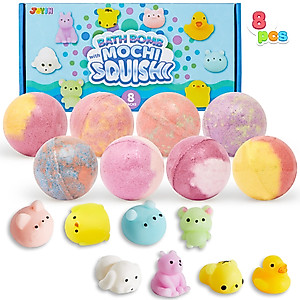 JOYIN 8 Pack Big Bath Bombs for Kids with Mochi Squishy Toy, Surprise Toy Inside, Natural Essential Oil SPA Bath Fizzies Set, Kids Safe Party Favors for Boys and Girls