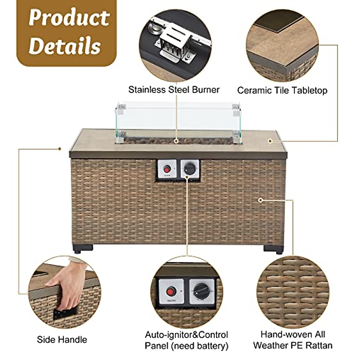 Patio Propane Fire Pit Table - 32 inch Outdoor PE Rattan Rectangle Tan Wicker Gas Fire Table with Ceramic Tile Tabletop, Glass Wind Guard for Outside, Garden, Backyard, Brown