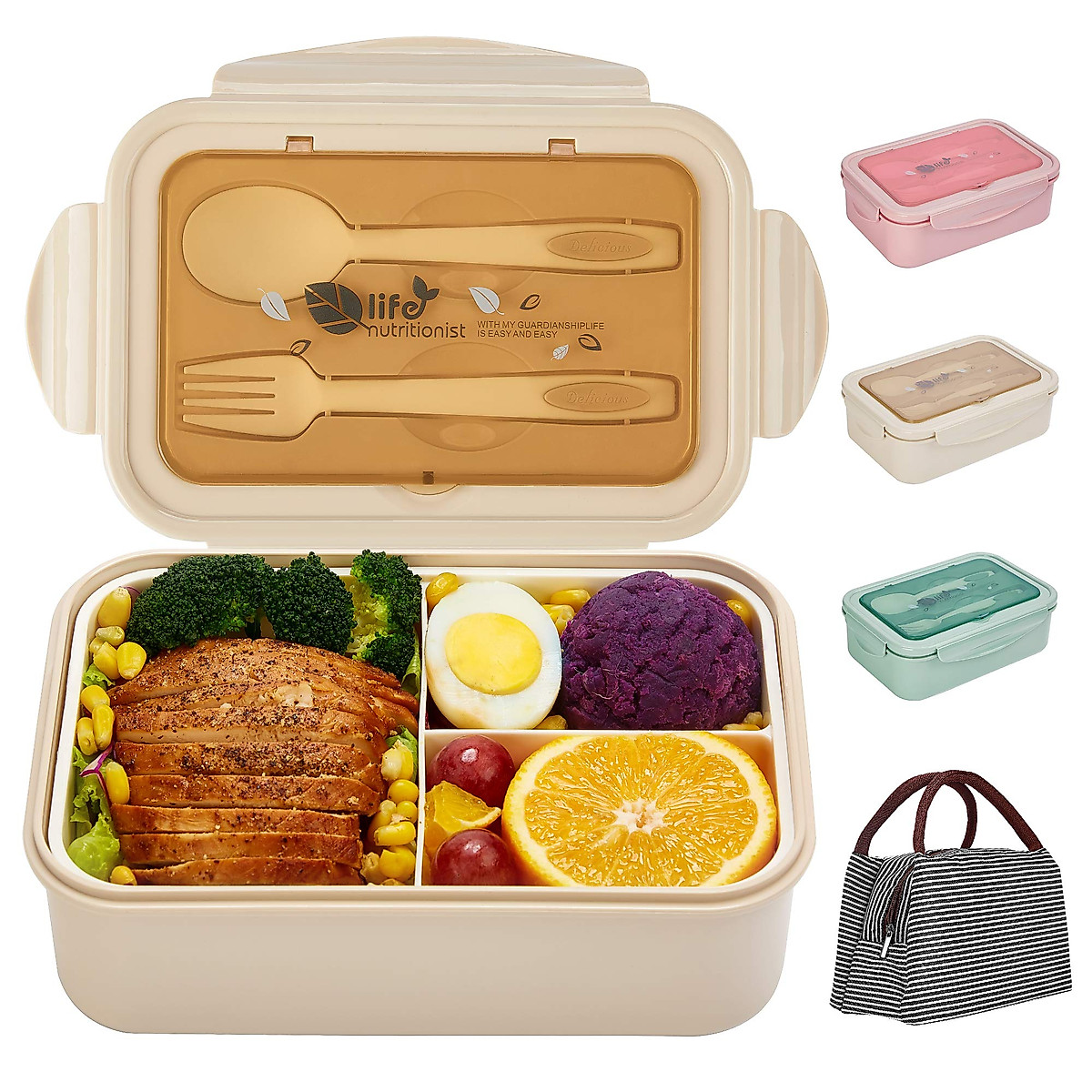 Porzu Bento Lunch Box, 1400 ML Lunch Box Meal Prep For Adults，3 Compartments Portable Food Container with Utensil (Beige)