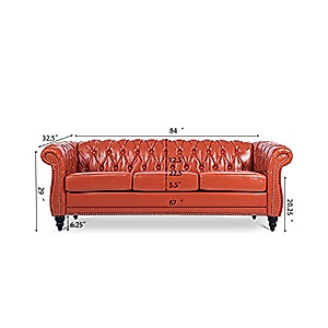 QHITTY Accent Large Sofa, Chesterfield Couch 3 Seater Modern Leather Couch Upholstered Sofa with Tufted Back for Living Room Furniture (Orange)
