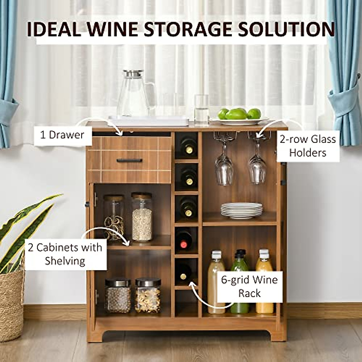 HOMCOM Retro Wine Cabinet for 6 Bottles, Wine Rack Sideboard Serving Bar with Glass Holders and 1 Drawer, Brown