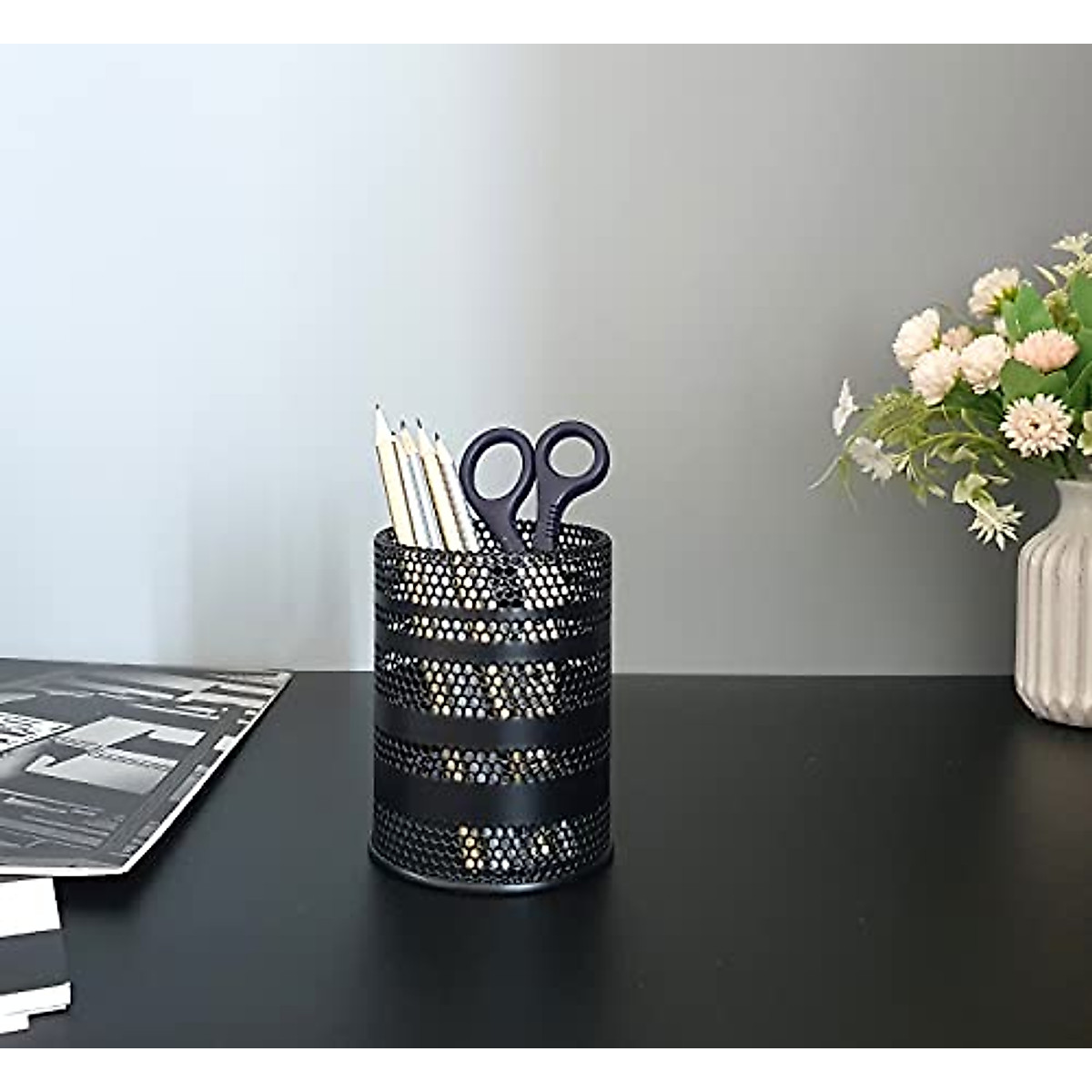 Produco Pen Holder for Desk, Metal Mesh Pencil Holder Cup Organizer Office Stationery Caddy Stand Makeup Brush Holder, Black (Mid)