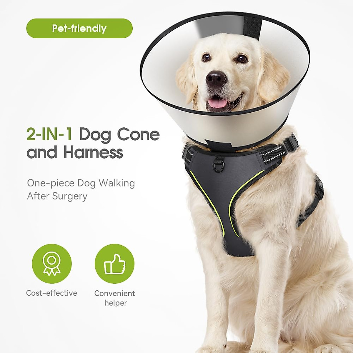 2-in-1 Dog Cone Collar & Harness: Elizabethan Collar After Surgery for Small Dogs - No Pull Dog Vest Harness Escape Proof Walking Jogging - S