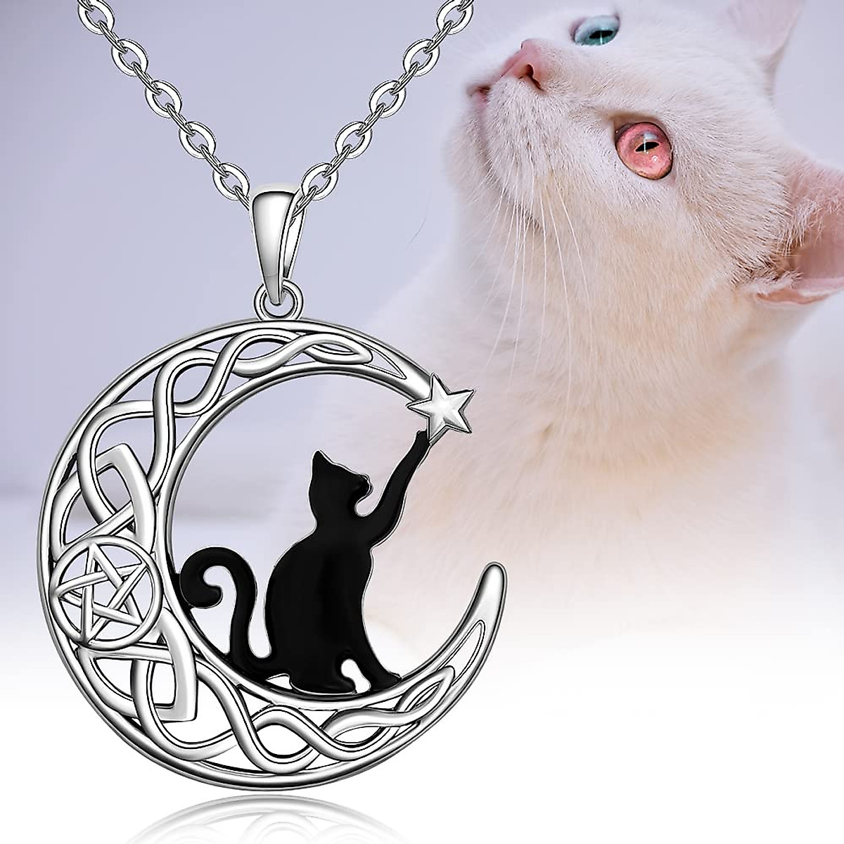 Fenthring Black Cat Necklace Sterling Silver Crescent Moon Celtic Knot Cat Necklaces for Women Cute Animal Infinity Pentacle Cats Halloween Christmas Holiday Jewelry