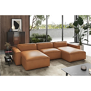 Valencia Nathan Nappa Leather Couch - 3 Seats with 2 Chaises - 100% Full Aniline Leather Modern Sectional Sofa for Lounge and Living Room Solid Wood Frame and High-Resilience Foam (Caramel Brown)