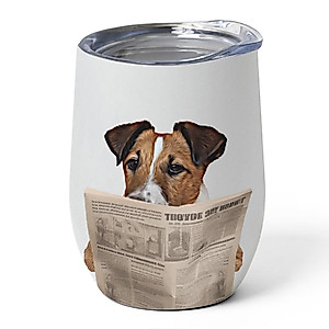 Tricolor Smooth Fox Terrier Reading Newspaper Tumbler 12oz Stainless Steel Vacuum Insulated Wine Cup With Lid - Gifts for Dog Lovers