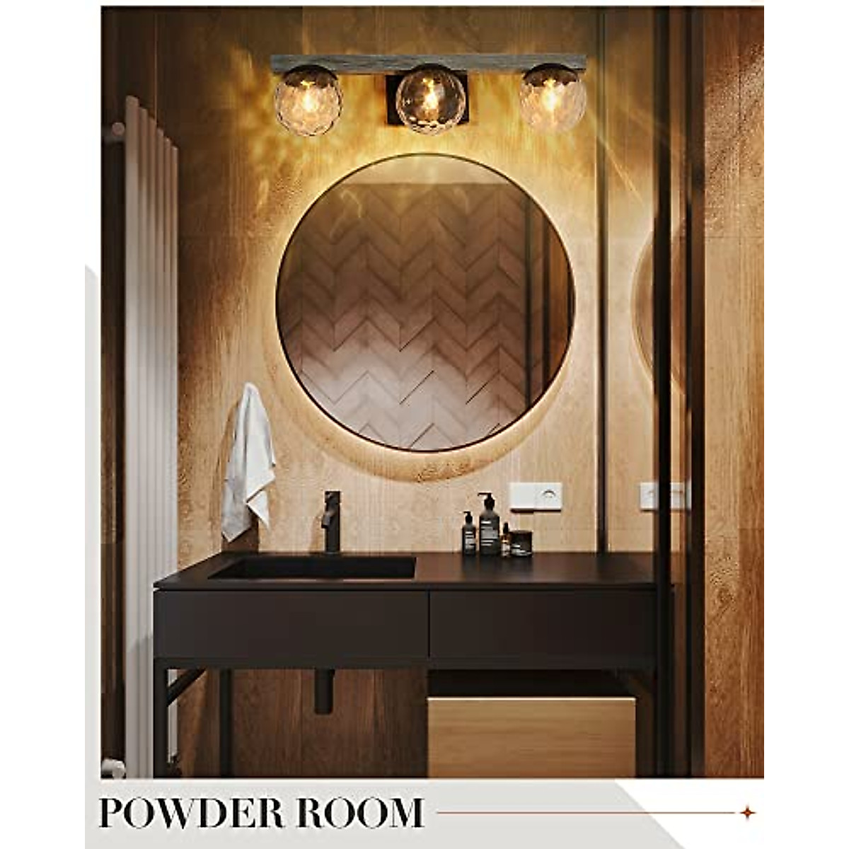 YKLITG Farmhouse Vanity Lights, Rustic Bathroom Lights with Hammered Glass Shade, 3-Light Bathroom Vanity Light with Wood Base for Bathroom, BD019-3-BK