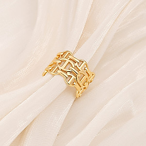 Aobei Pearl 18K Gold 3-Row Chunky Band Ring Mariner Anchor Chain Ring for Women Statement Pig Nose Link Open Rings Adjustable Thumb Knuckle Finger Jewelry for Her