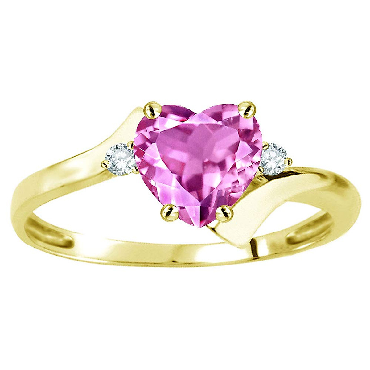 Star K Heart Shape 6mm Created Pink Sapphire bypass Ring 14 kt Yellow Gold Size 8