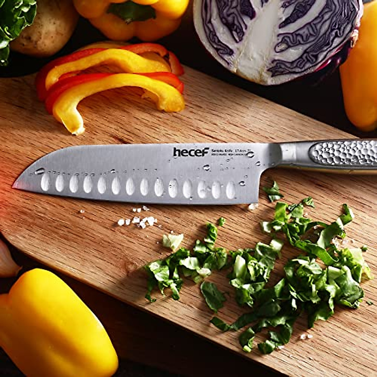 hecef 7 inch Santoku knife High Carbon Stainless Steel Japanese Chef Knife with Hammered Hollow Handle, Ultra Sharp Asian Chopping Kitchen Knife for Meat & Fish & Vegetable & Fruit