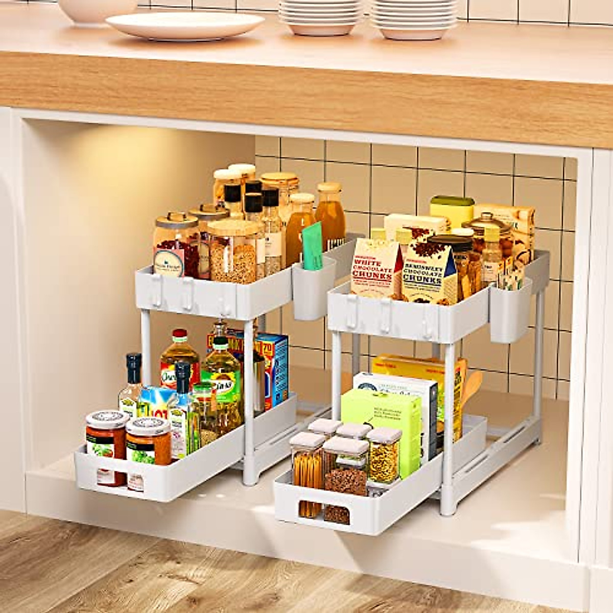 XEAPOMS Under Sink Organizers and Storage, 2 Pack Multi-Purpose Under Sink Organizer with Sliding Storage Drawer, 8 Hooks & 2 Hanging Cups, 2 Tier Under Sink Storage for Cabinet Bathroom Kitchen,White