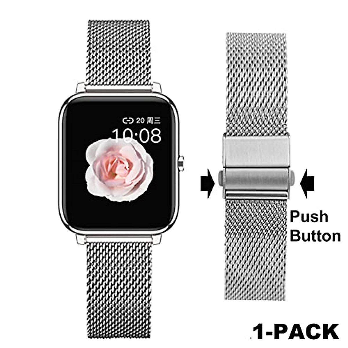 smaate Watch Band Compatible with P22 Donerton, Popglory, CanMixs 1.4inch; Motast Mugu Chalyh P36A P36B, AGPTEK LW31 1.69inch Smartwatch, 20mm Mesh Milanese strap, Safety Clasp, Silver