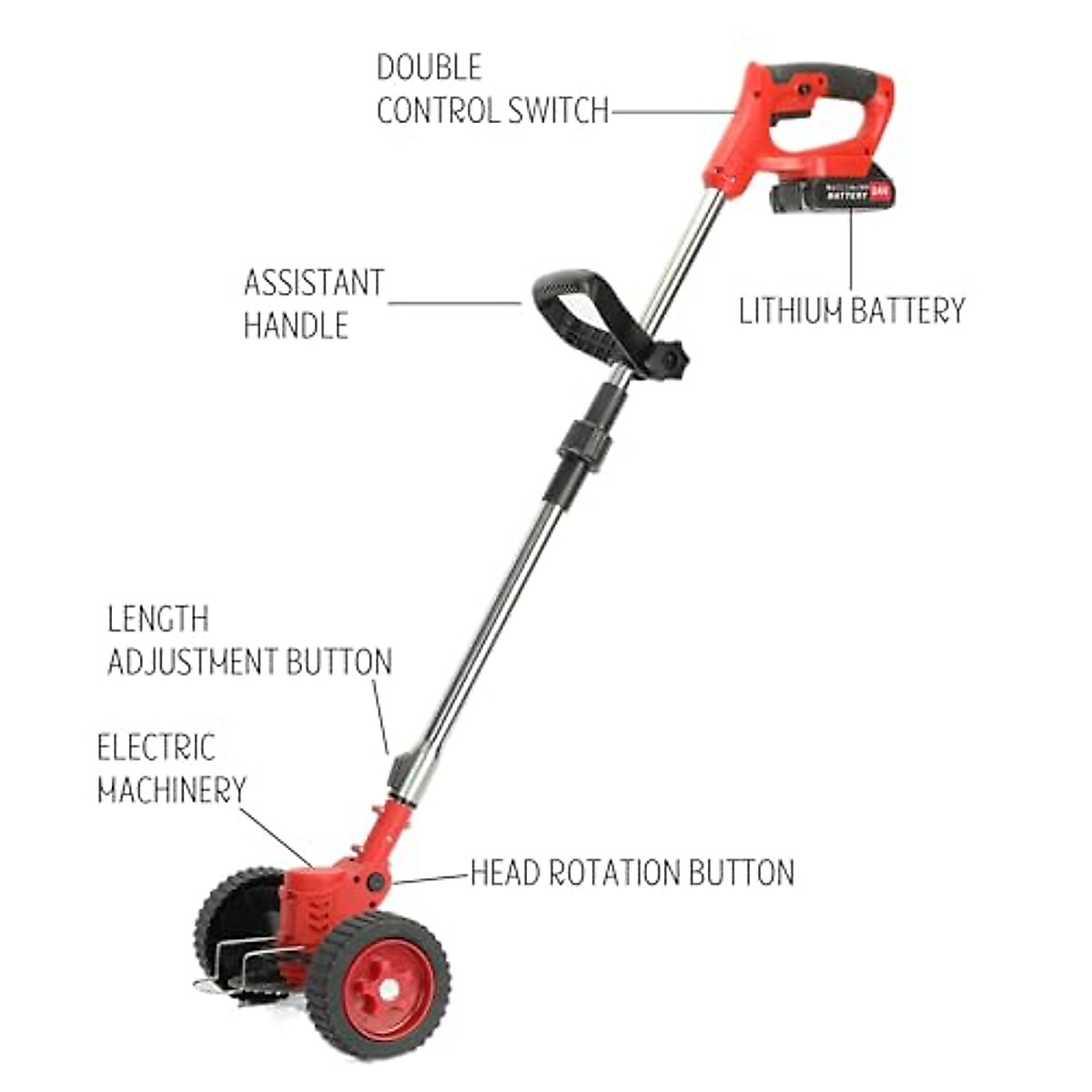 Hesitroad Electric Lawn Mower, Multifunctional Rechargeable Weed Eater Telescopic Rod D-Shaped Handle Grass String Trimmer Cordless Lightweight Bush Cutter for Garden 24V 2000mAh Battery Supply Red
