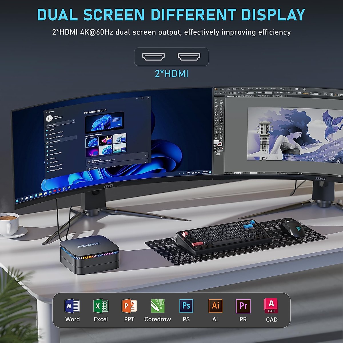 Mini PC RGB AK1 Plus, Intel N95(up to 3.4GHz) 12th Gen Processor Mini Desktop Computer, 16GB RAM 512GB SSD, Dual 4K HDMI, Windows 11 Small PC, 2.4/5G WiFi, Bluetooth, Business/Office/HTPC