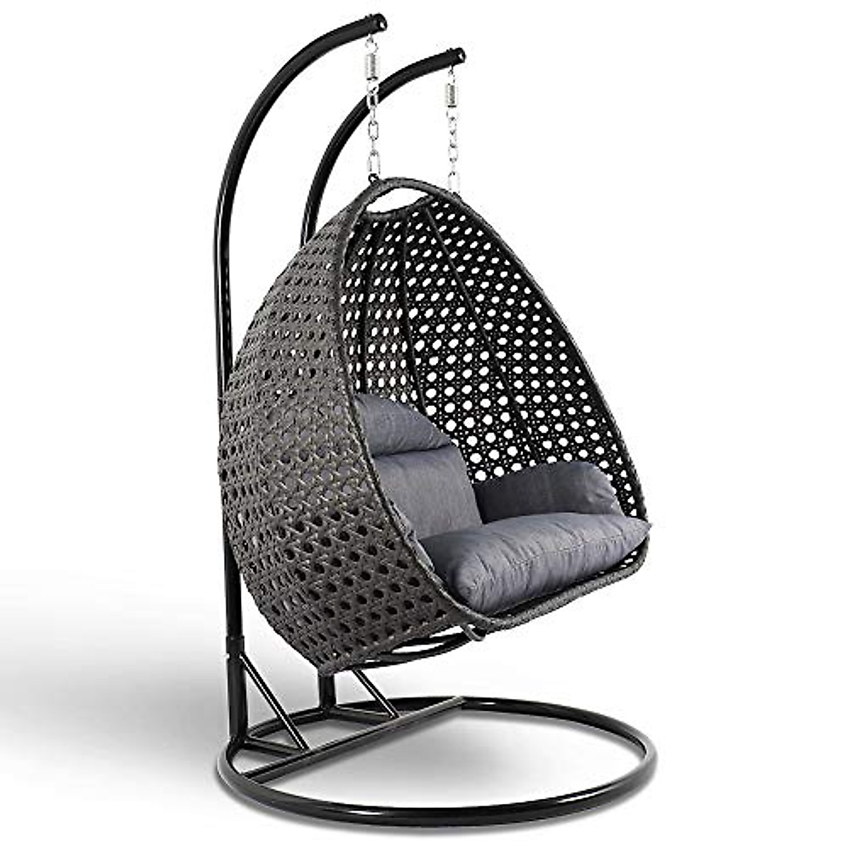 LeisureMod 2 Person Hanging Double Swing Chair, X-Large Wicker Rattan Egg Chair with Stand and Cushion for Indoor Outdoor Patio Garden (Charcoal Blue)